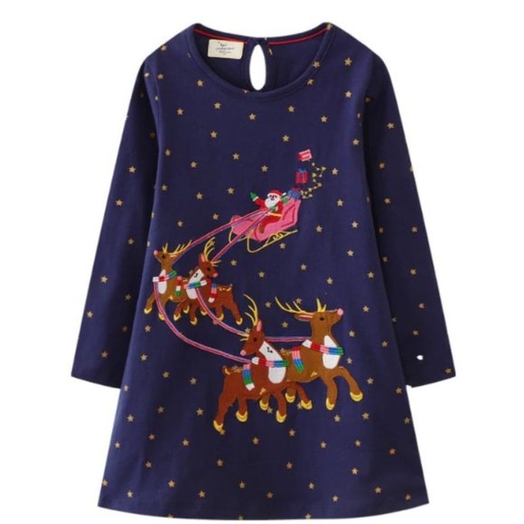 Dresses | Christmas Santa Reindeers Sleigh Girls Blue Long Sleeve Tunic ...